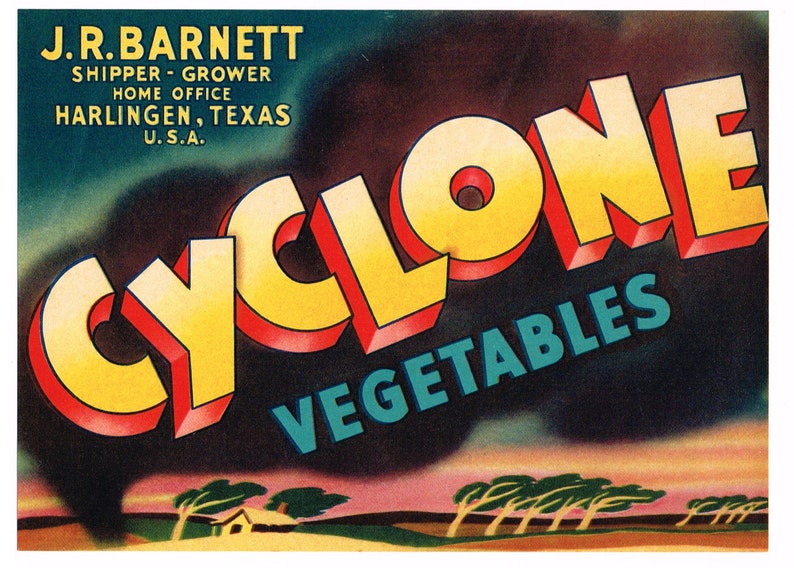 Original Vintage Vegetable Crate Label 1940s Cyclone Twister Tornado ...