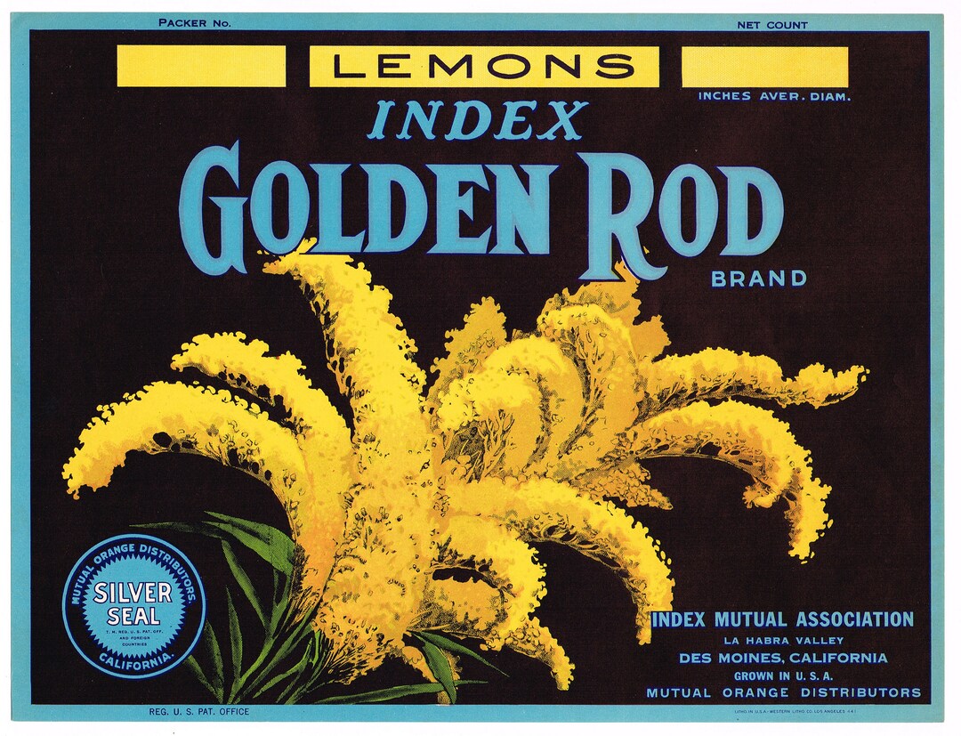 Original Vintage Lemon Crate Label 1930s Scarce Index Golden Rod La ...