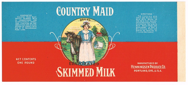Original Vintage Tin Can Label 1920s Country Maid Cow Skimmed Milk Farm ...