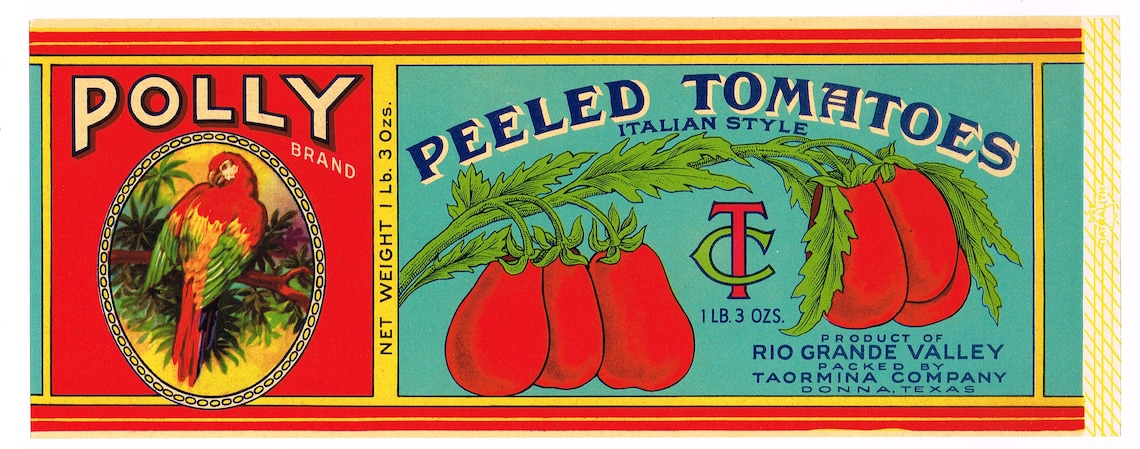 Original Vintage Tin Can Label C1930 Polly Italian Tomatoes Donna Texas ...
