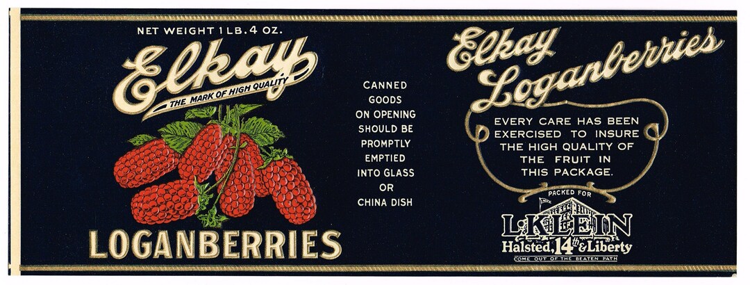 Original Vintage Tin Can Label C1920s Elkay Embossed Bronzed Loganberry ...