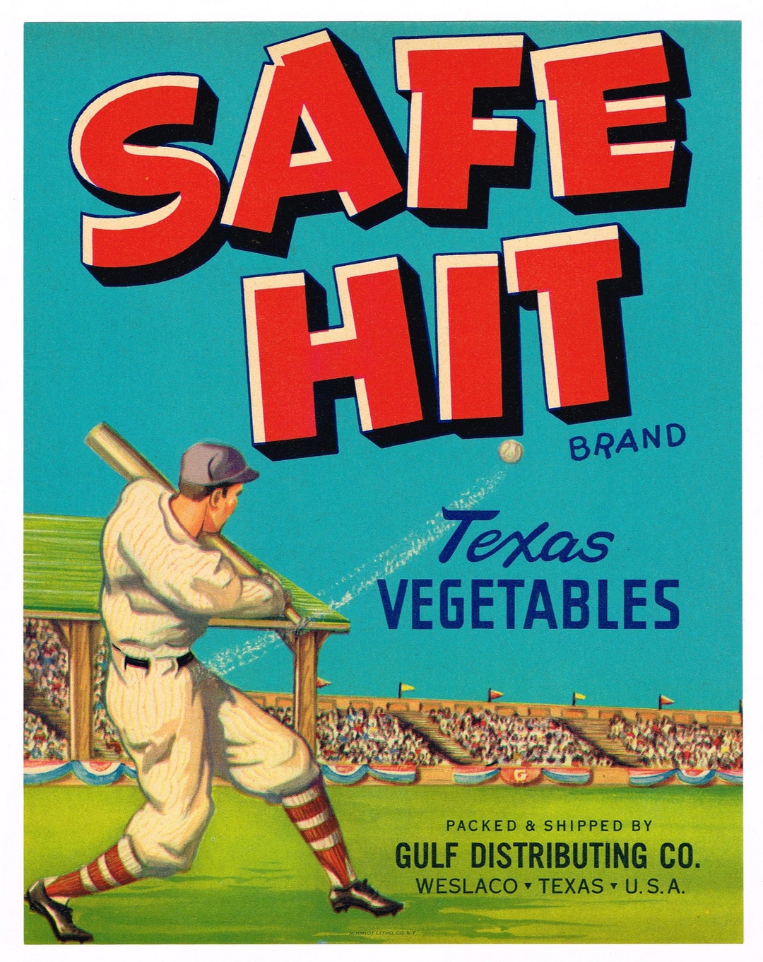 Original Vintage Vegetable Crate Label 1940s Safe Hit Baseball Game Bat ...