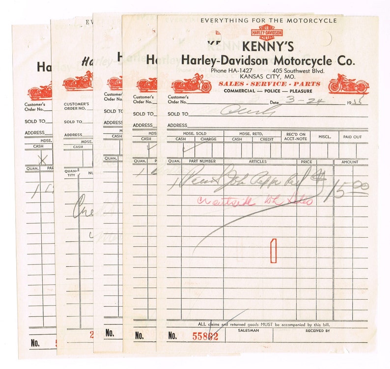 5 Original Harley Davidson Motorcycle Invoice Receipts 1955 - Etsy