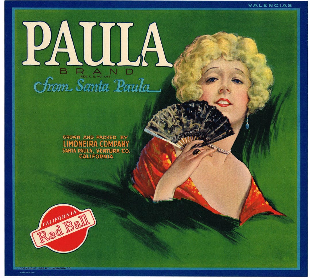 Original Vintage Citrus Crate Label 1930s Paula Brand Limoneira Company ...