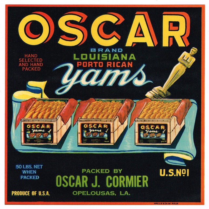 Original Vintage Yam Crate Label 1940s Oscar Academy Awards Statuette ...