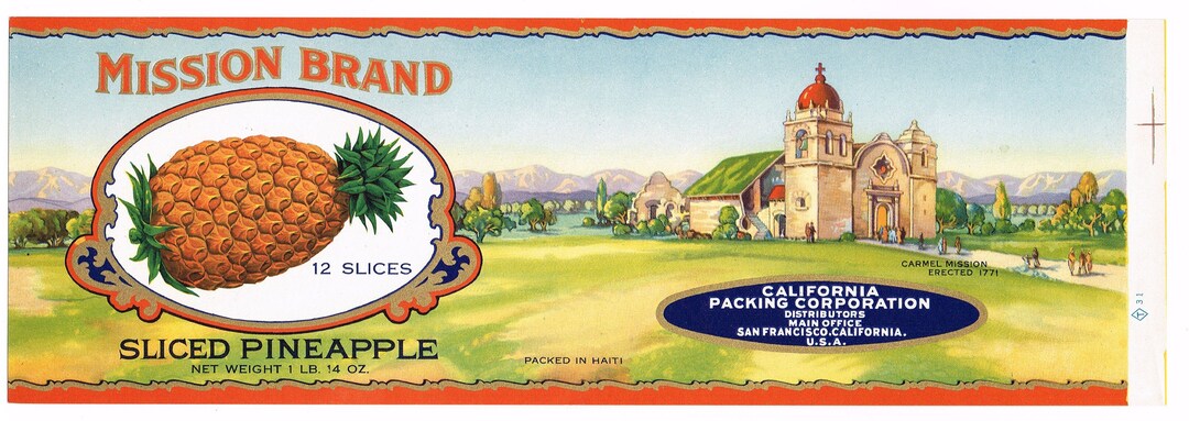 Original Vintage Tin Can Label C1920 Spanish Mission Brand California ...