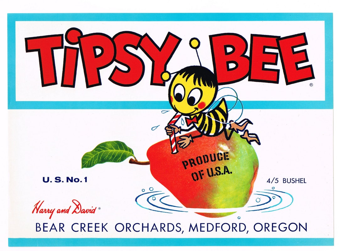 Original Vintage Pear Crate Label 1950s Tipsy Bee Medford Oregon ...