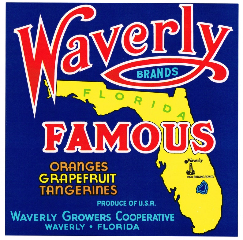 Original Vintage Florida Citrus Crate Label C1950s Waverly Famous Map ...