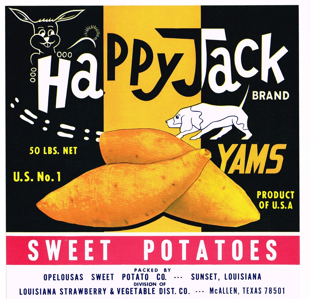 Original Vintage Texas Yam Crate Label 1960s Happy Jack Rabbit Dog ...