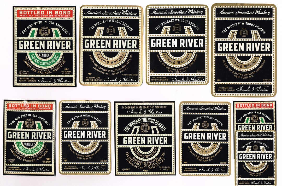 10 Original Vintage Bottle Labels C1940 Green River Whiskey Bottle ...