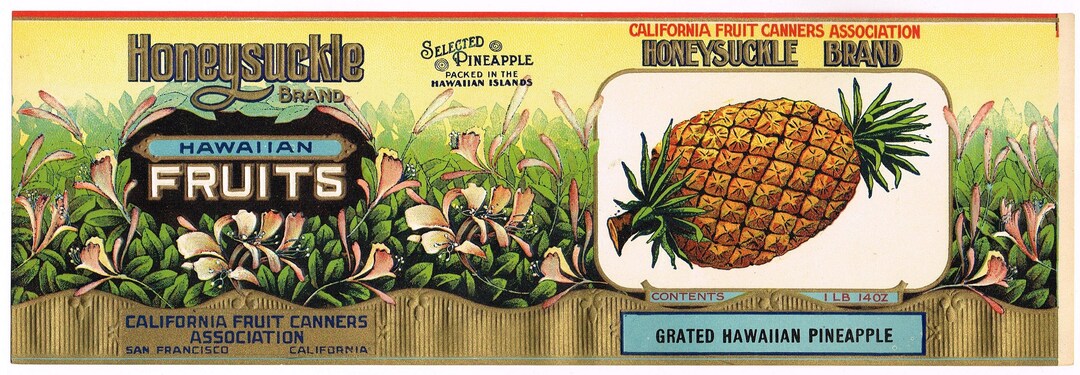 Original Vintage Tin Can Label C1910 Honeysuckle Embossed Hawaii Packed ...