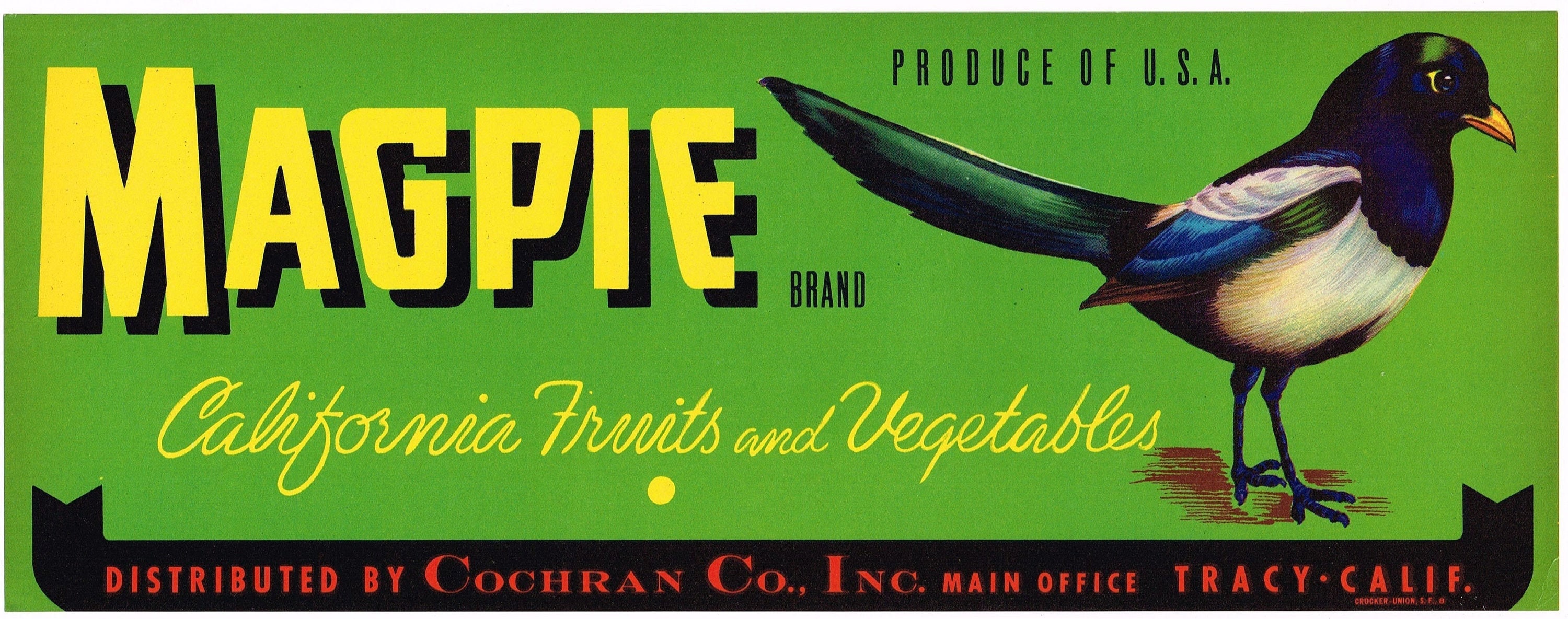 Original Vintage Fruit Crate Label 1950s Magpie Black Bird Tracy ...