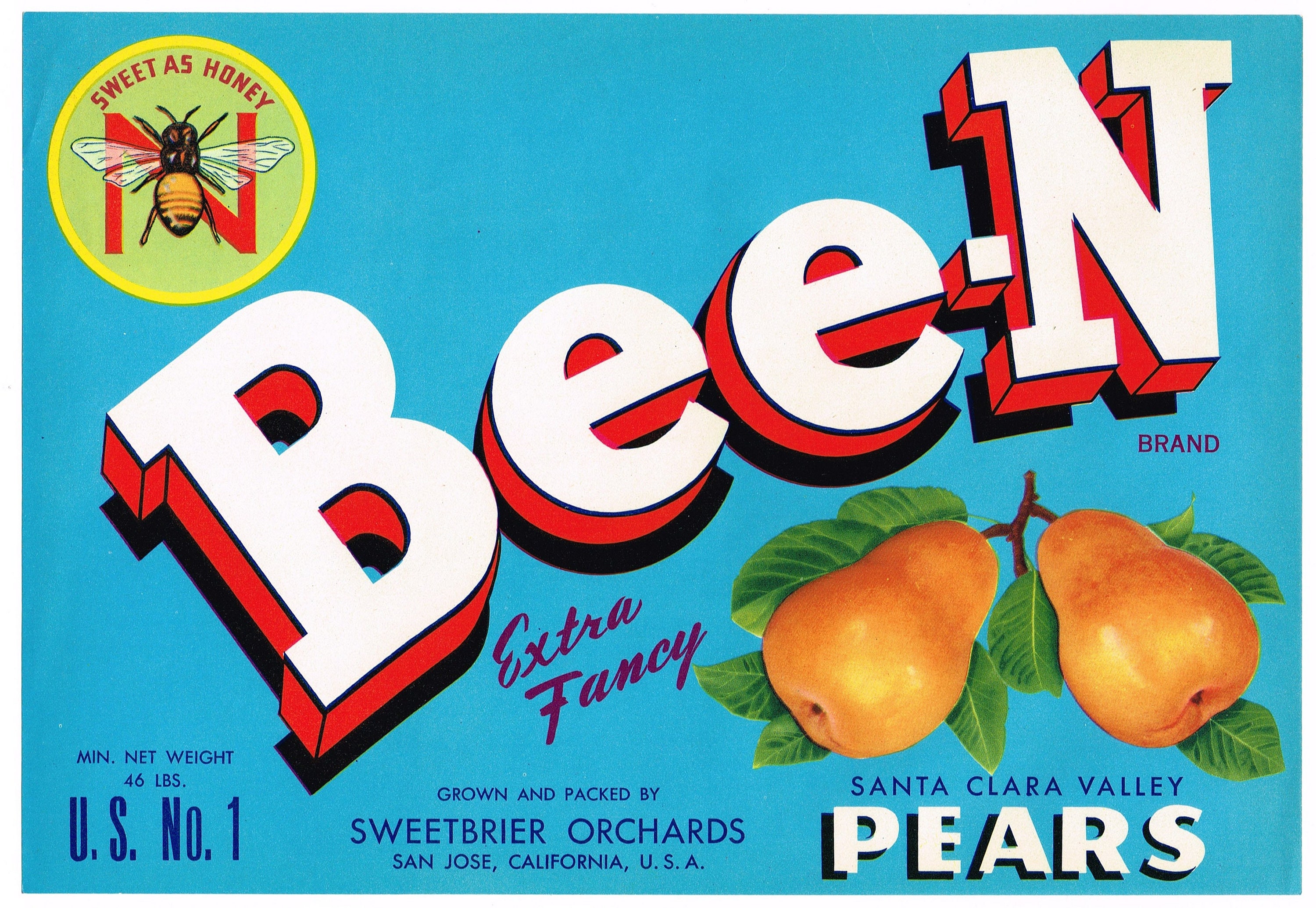 Original Vintage Pear Crate Label 1950s Bee-n Sweet as Honey Bee San ...