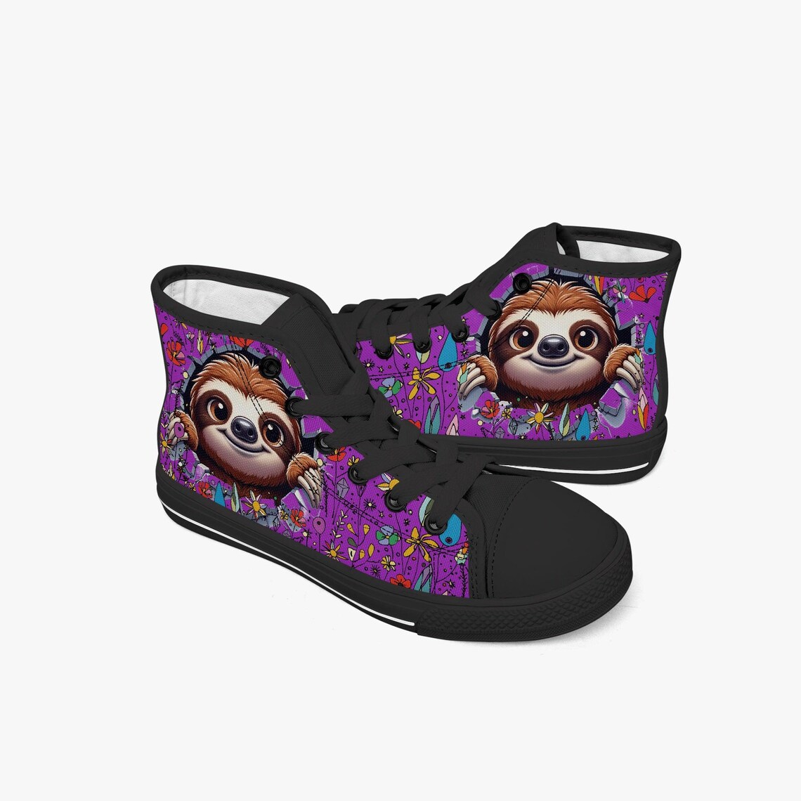 Kid's High-top Canvas Shoes-black Girls' High-top Cartoon Sloth Wildflower Canvas Shoes - Etsy