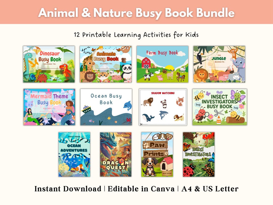 Animal & Nature Busy Book Bundle Printable | 12 Toddler Learning ...