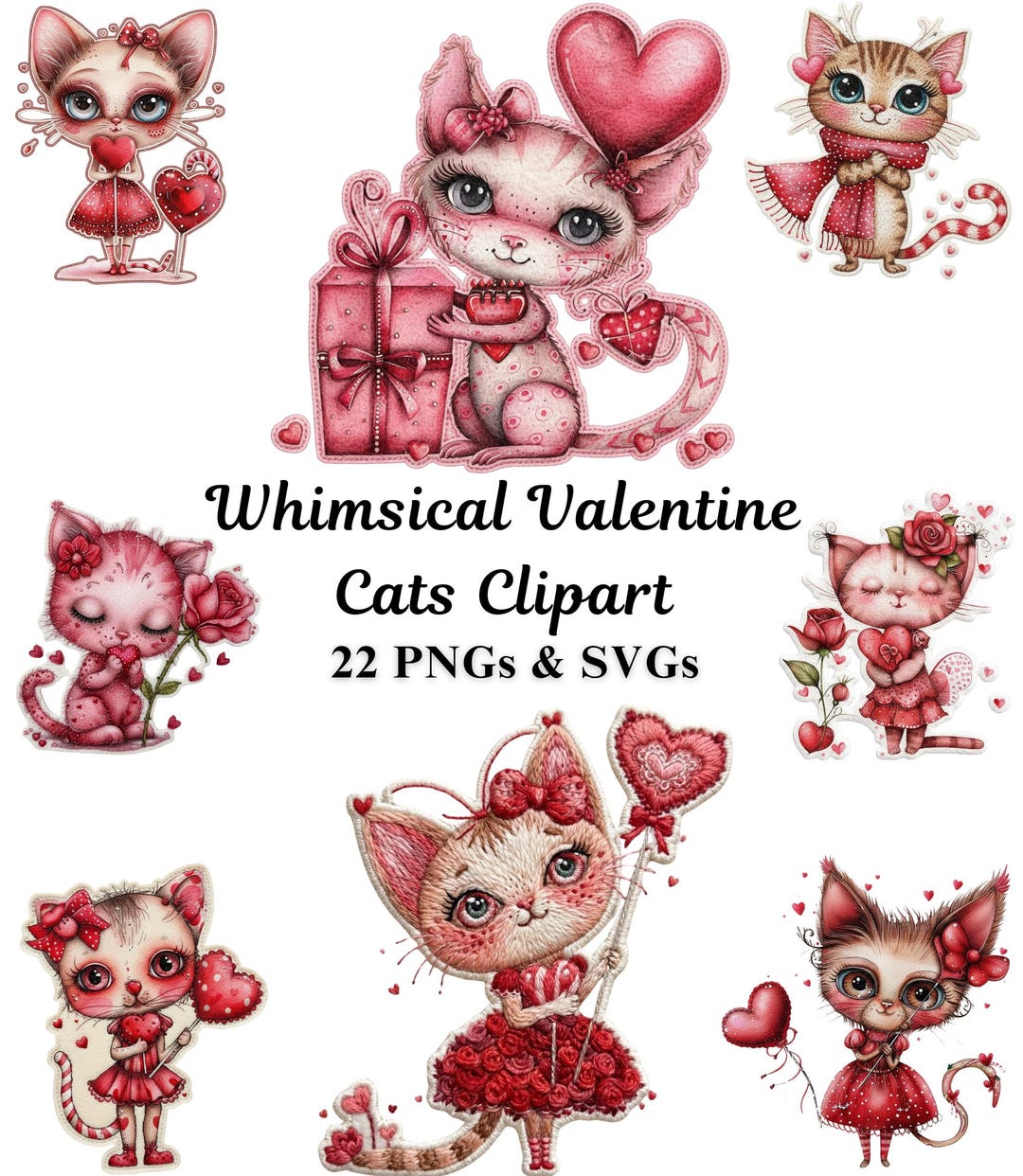 Valentine Cats Clipart, Romantic Handmade Style Graphics (PNG SVG ...