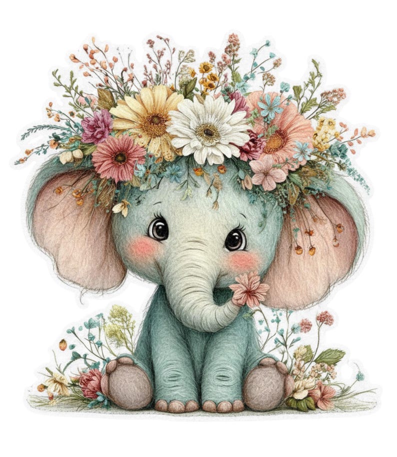 Watercolor Baby Elephant Clipart | Floral Nursery Art (digital Download ...
