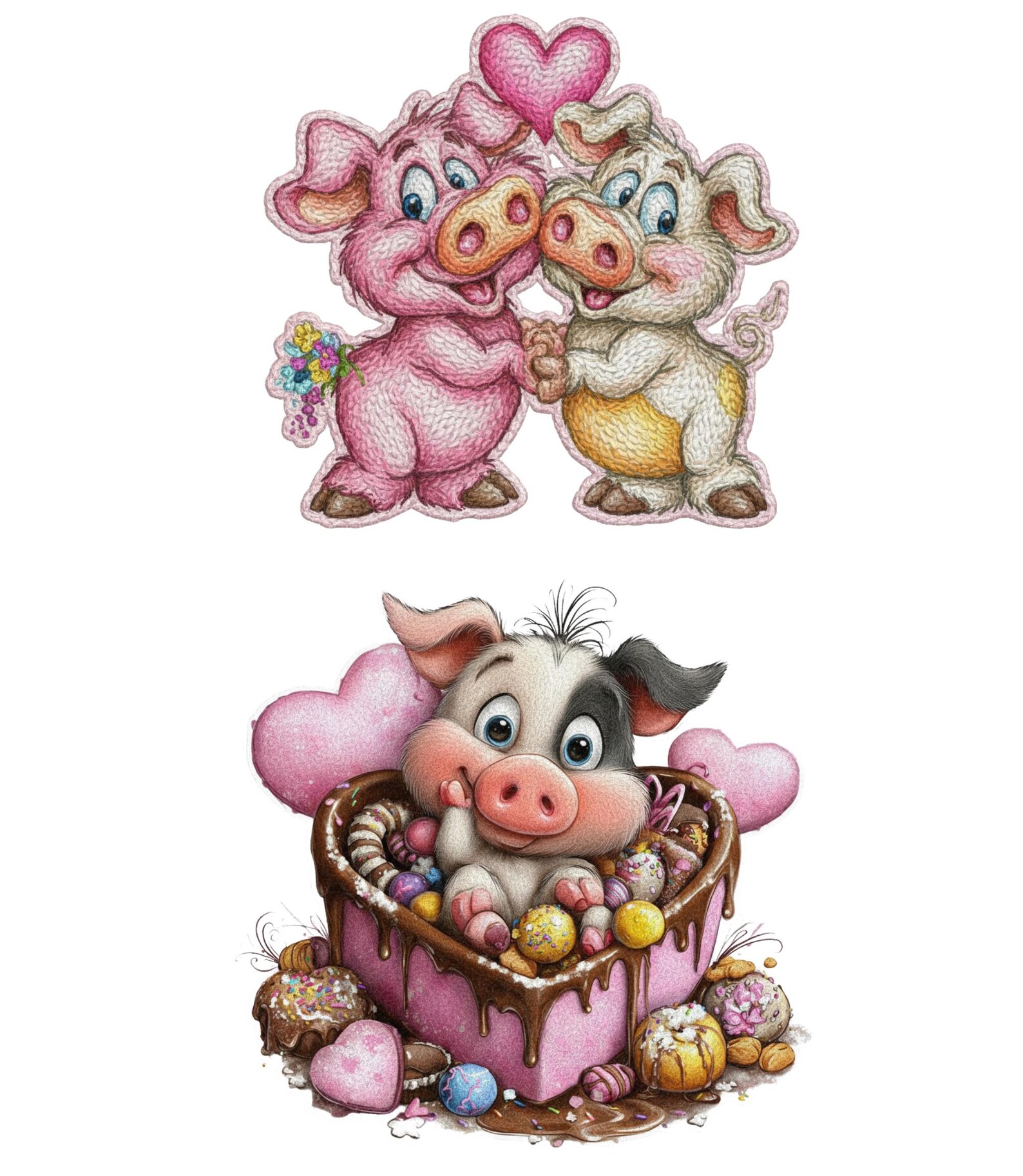 Quirky Pig Clipart PNG SVG – Embroidery Style Cute Pig Illustrations ...