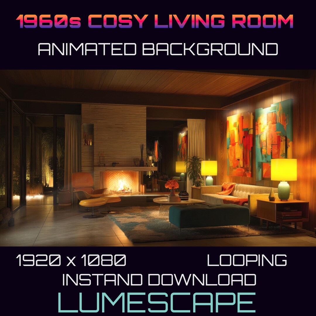 1960s Cozy Living Room Retro Animated Background, Fire Glow Light ...