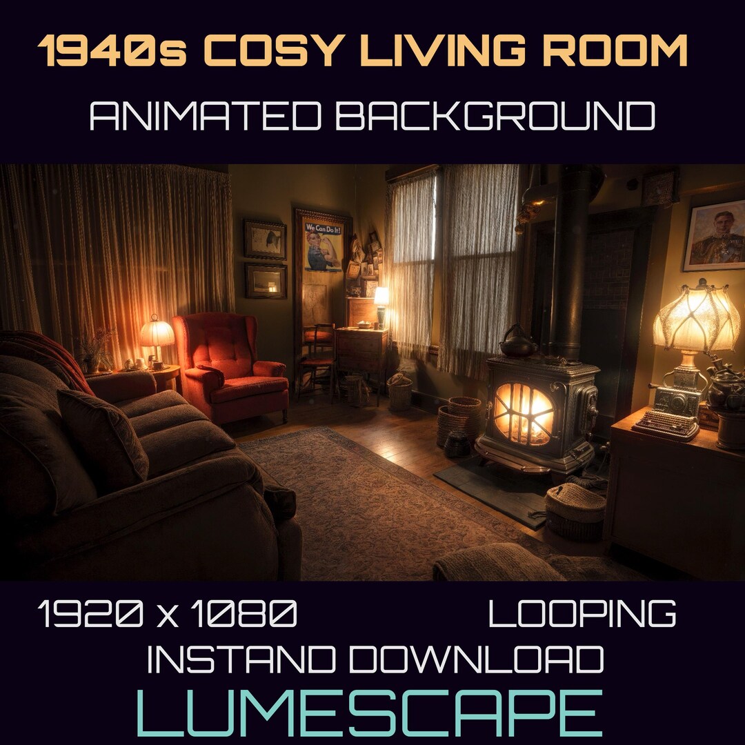 1940s Cozy Living Room Animated Background, Fire Glow Dust Light ...