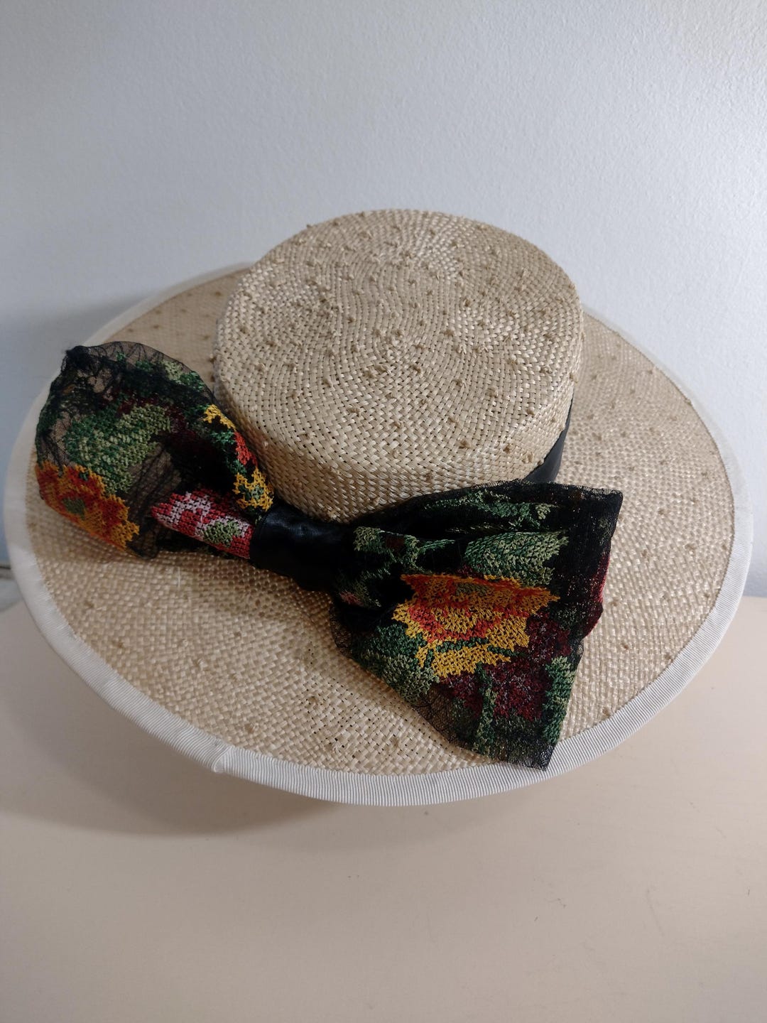Straw Boater With Large Cross-stitch Bow - Etsy