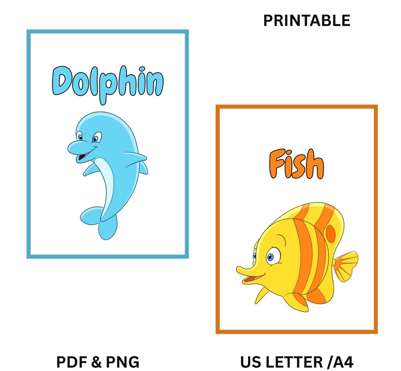12 Ocean Animals Cards, Montessori Flash Cards, Pre-school Cards, Kids ...