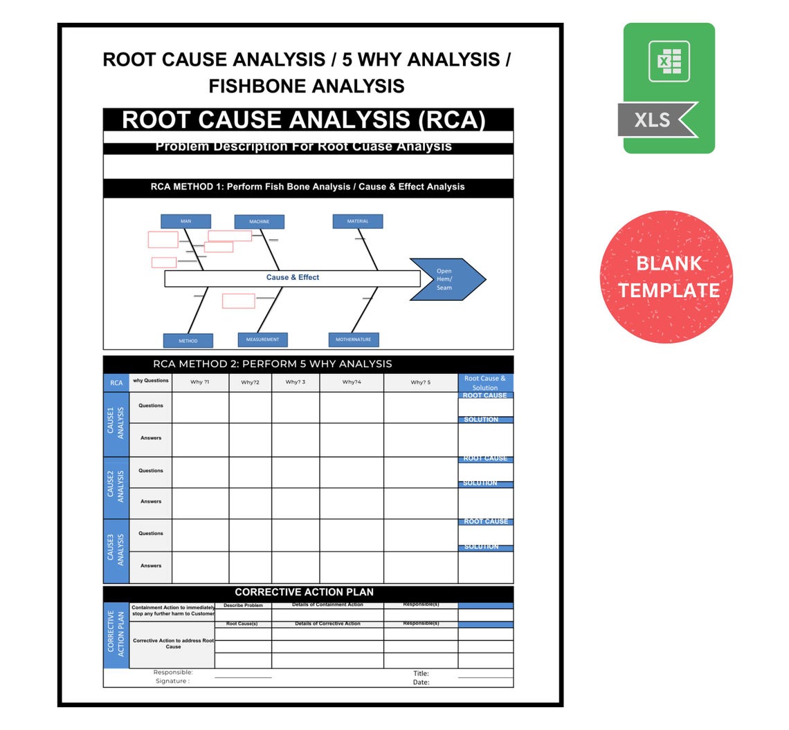 5 Whys Excel Template /root Cause Analysis Template | Fishbone Analysis ...