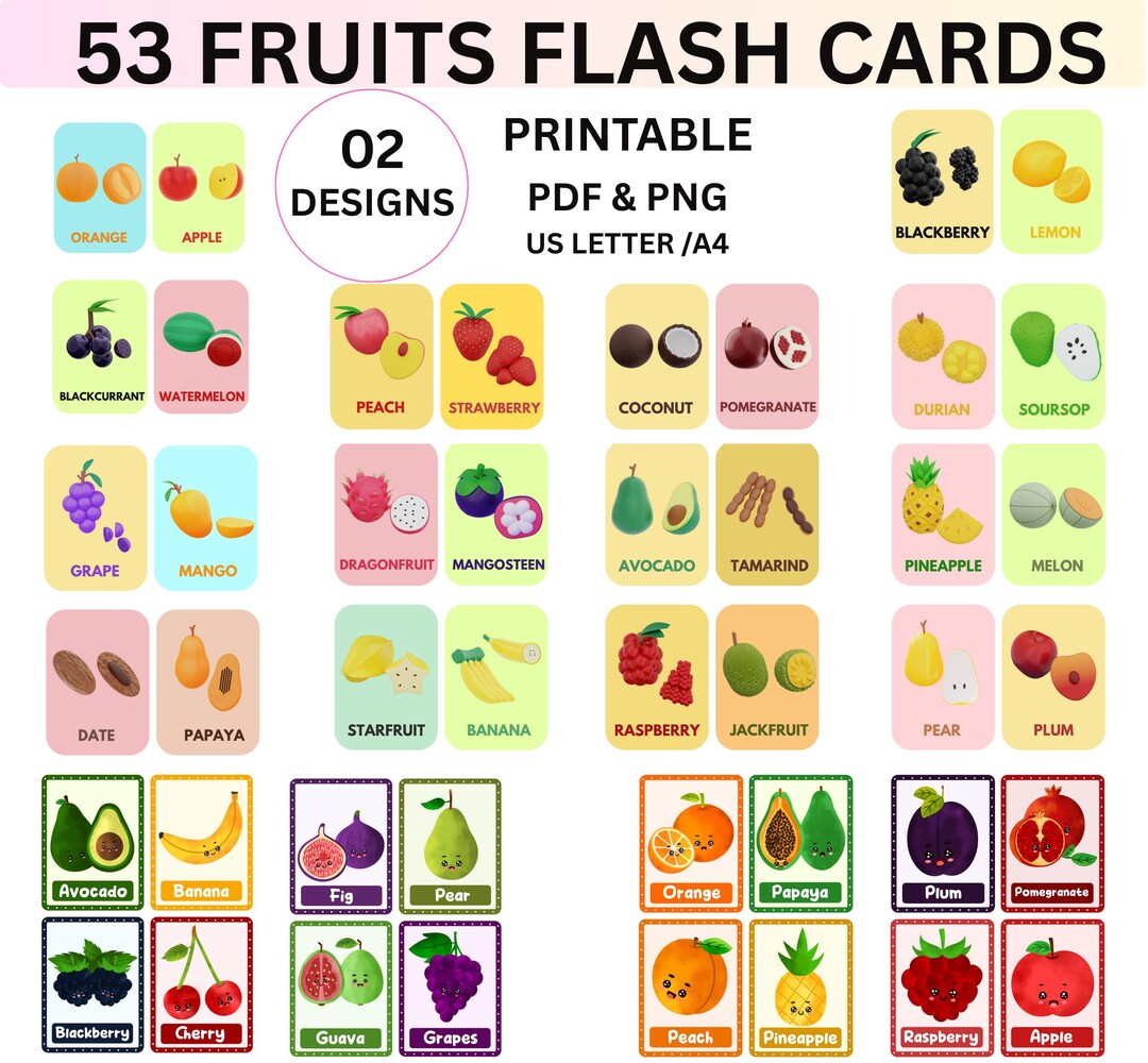 53 Fruits Flashcards, Fruits Cards , Printable Real Pictures Flashcards ...