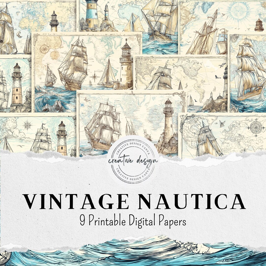 Vintage Nautical Digital Paper Set – Ocean Blue & Muted Sepia Sailboats ...