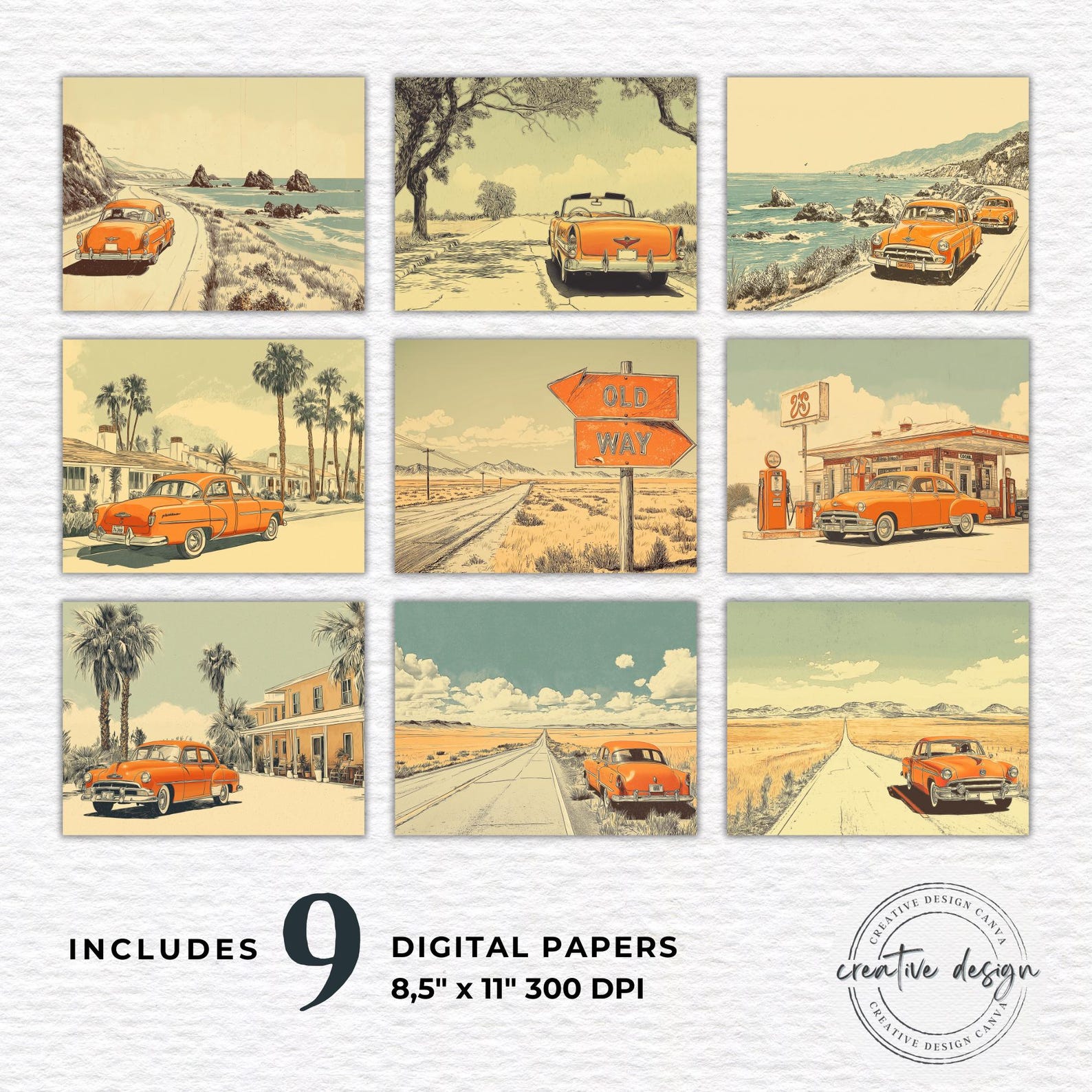 Travel Junk Journal Kit, Road Trip Digital Papers, Retro Car Scenic ...