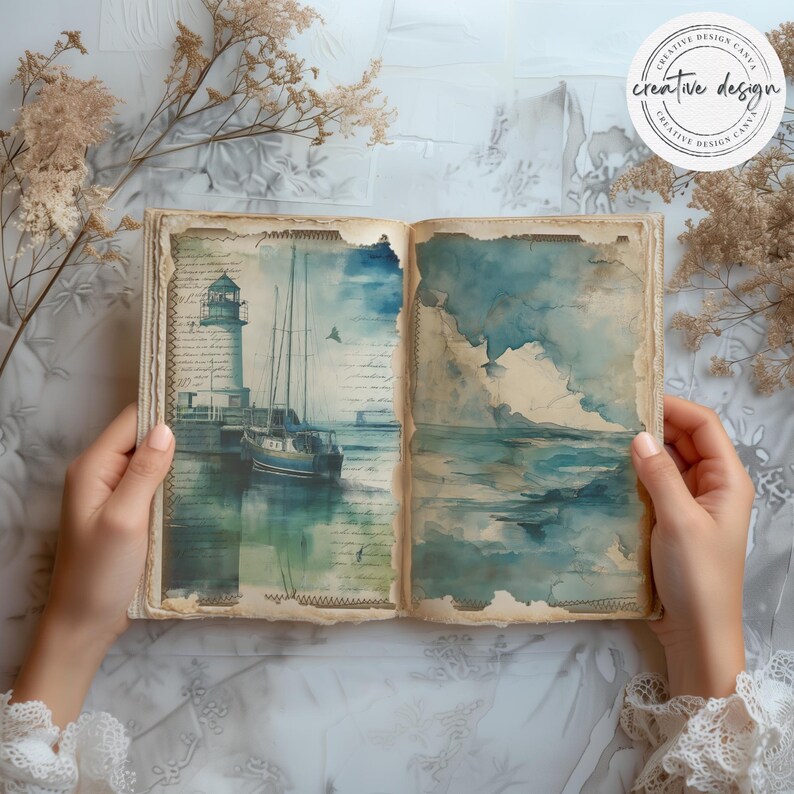 Lighthouses and Oceans Junk Journal Pages – Blue Coastal Watercolor ...