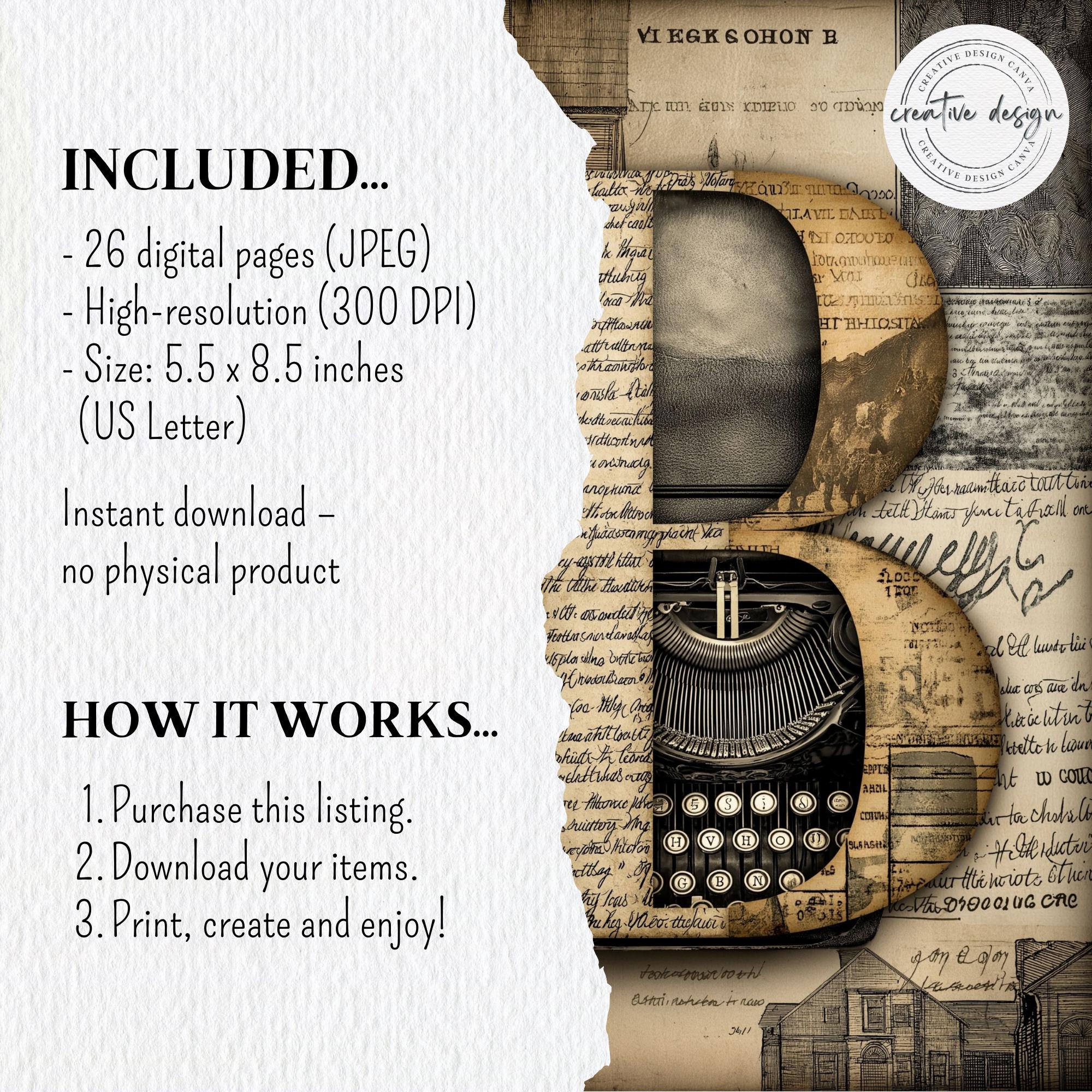 Typewriter Letters, Vintage Alphabet Digital Paper, Printable Grunge ...