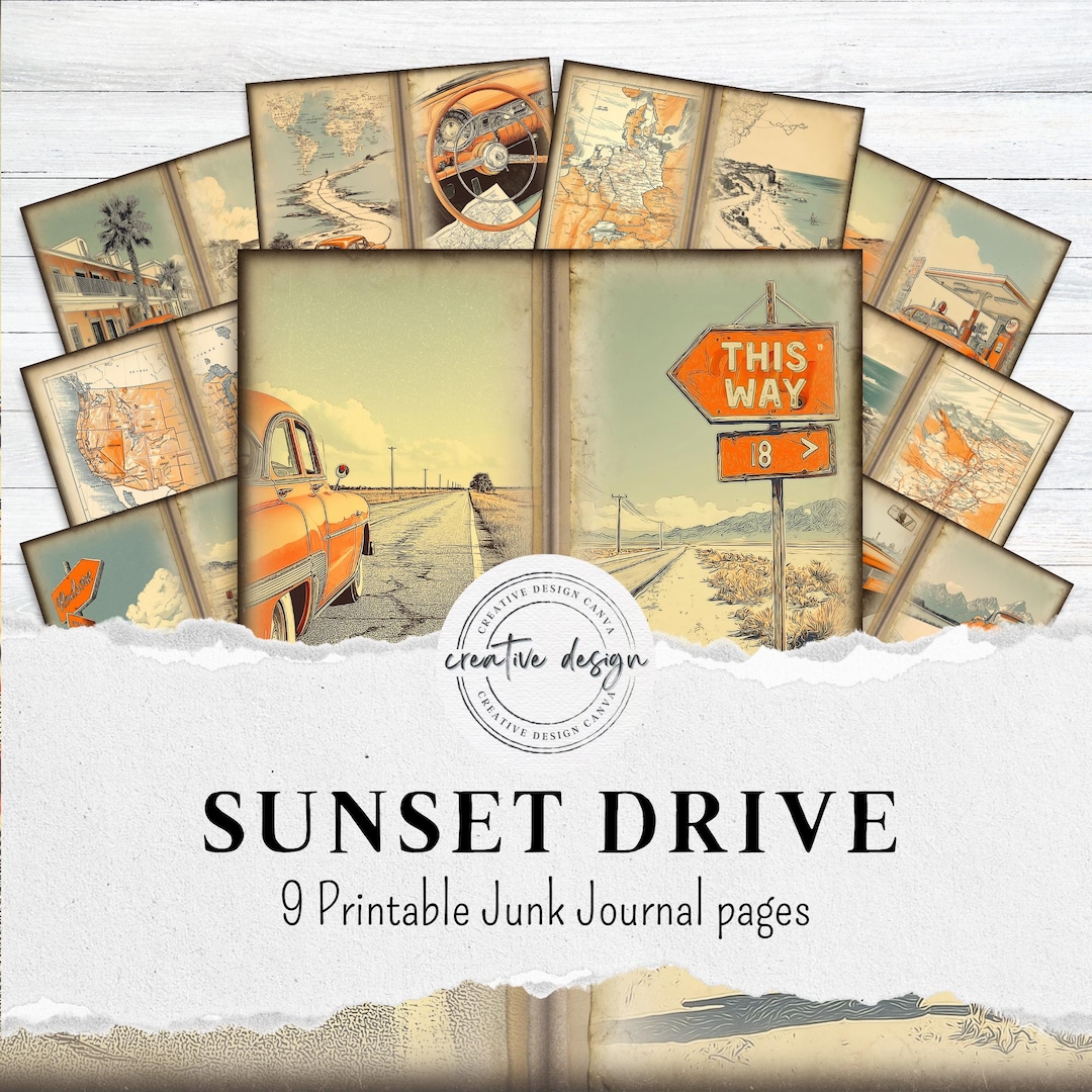 Travel Junk Journal Kit, Printable Ephemera, Vintage Tags, Sunset Drive ...