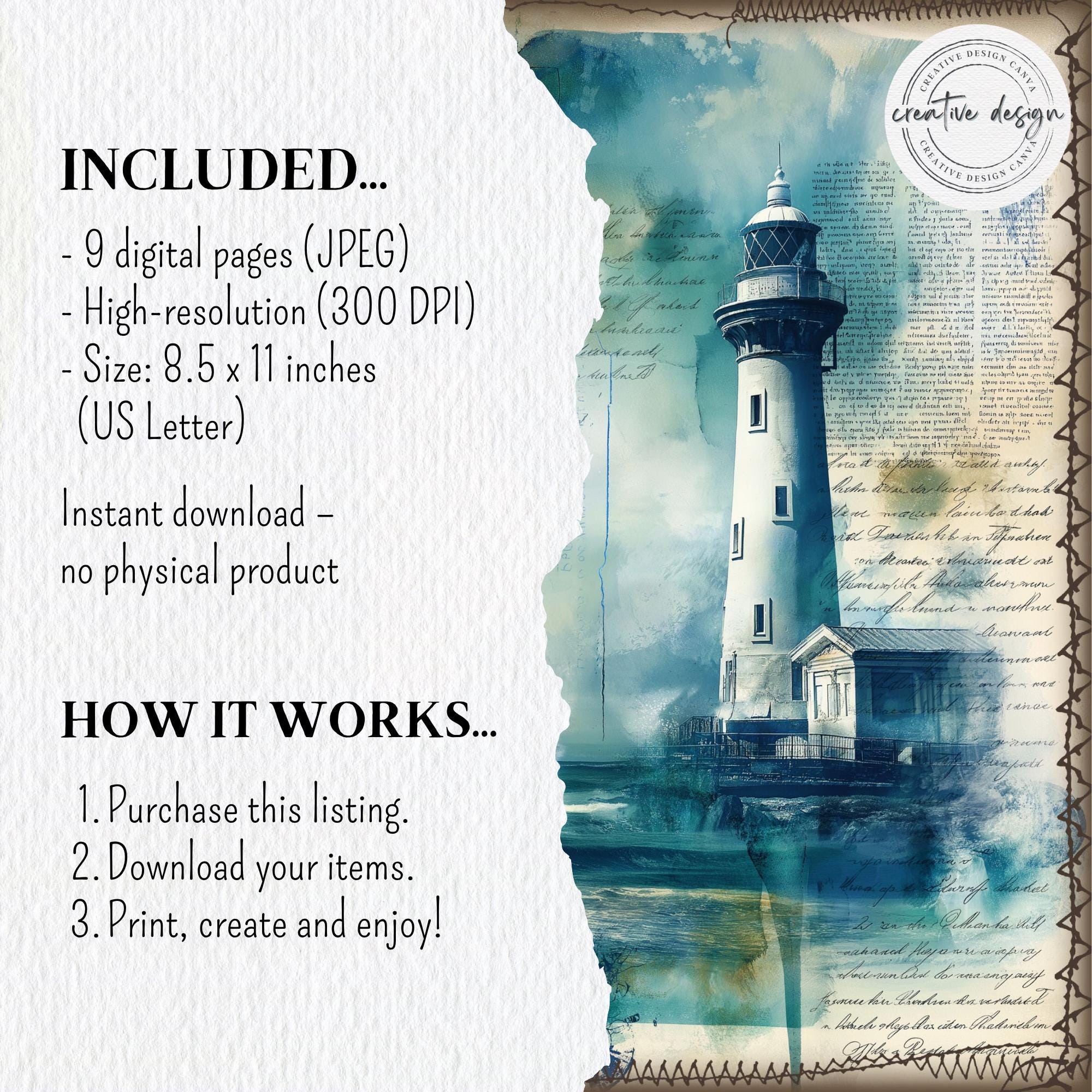 Lighthouses and Oceans Junk Journal Pages – Blue Coastal Watercolor ...