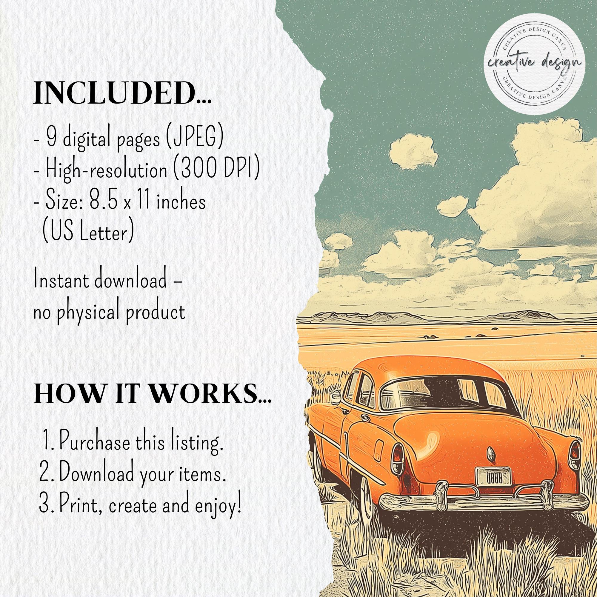 Travel Junk Journal Kit, Road Trip Digital Papers, Retro Car Scenic ...