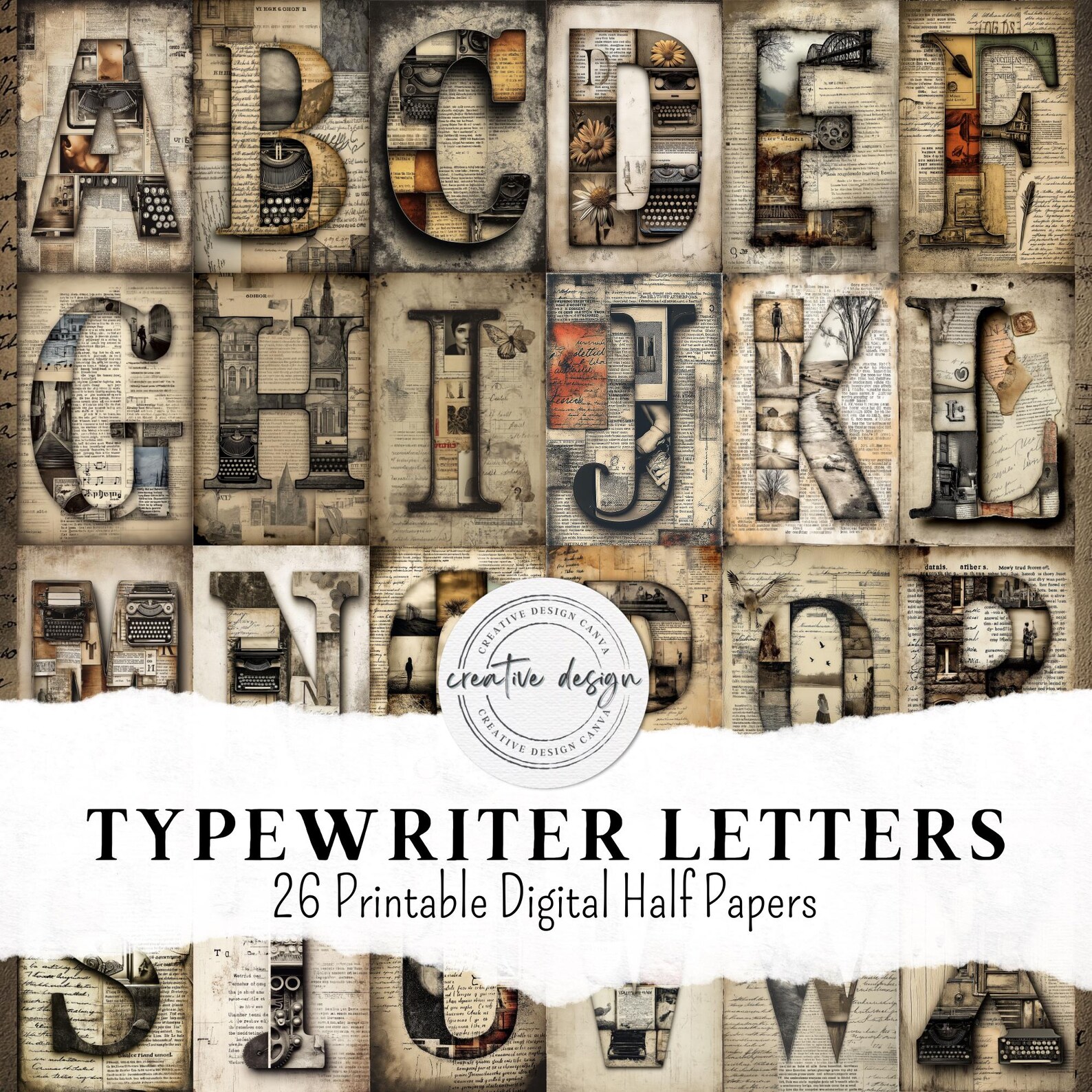 Typewriter Letters, Vintage Alphabet Digital Paper, Printable Grunge ...