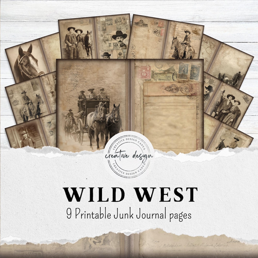 Wild West Junk Journal Pages, Tea Dyed Digital Paper, Cowboy & Horses ...