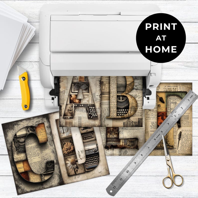 Typewriter Letters, Vintage Alphabet Digital Paper, Printable Grunge ...