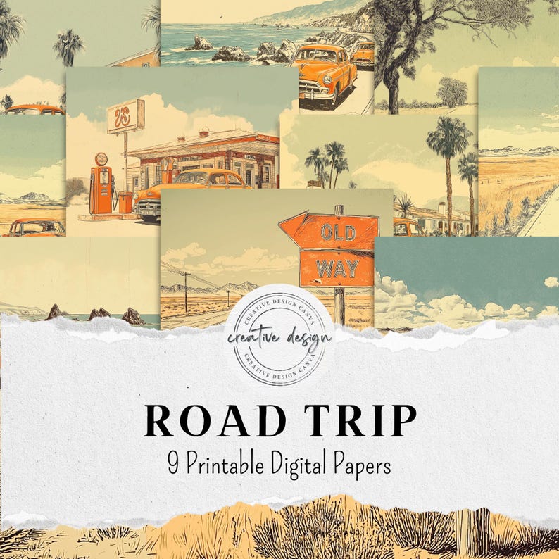 Travel Junk Journal Kit, Road Trip Digital Papers, Retro Car Scenic ...