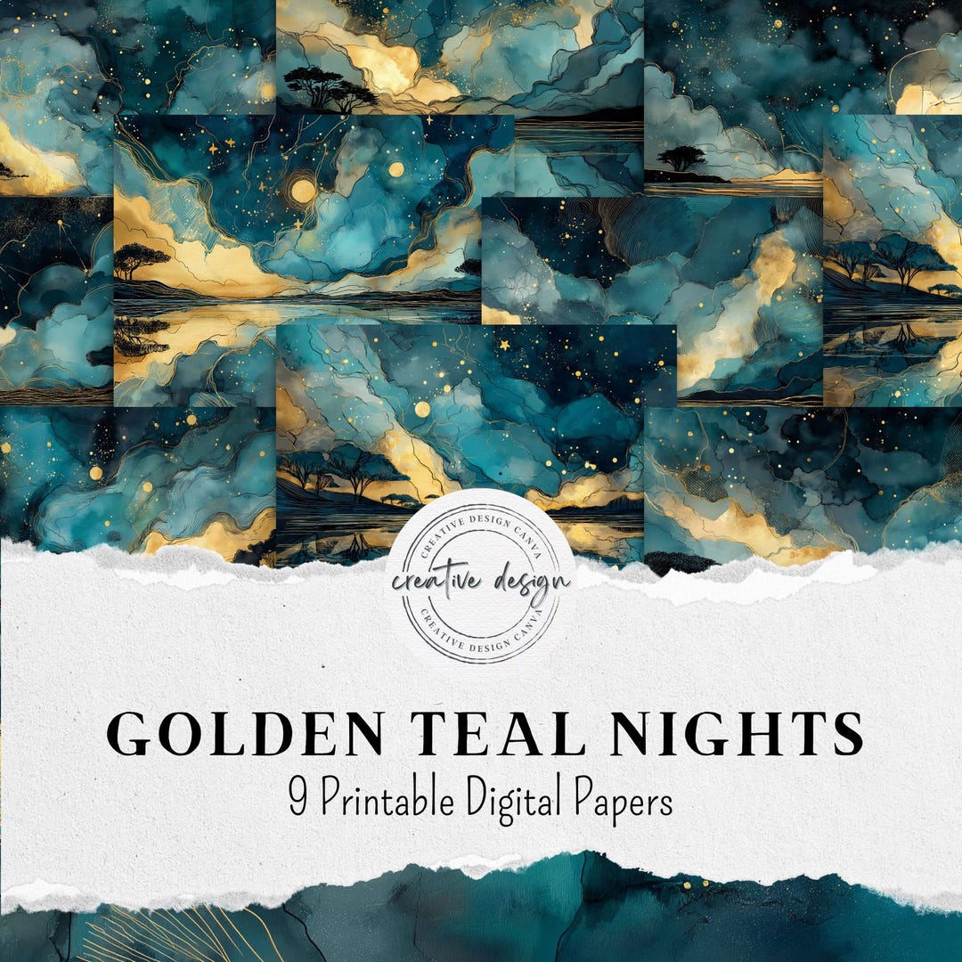 Starry Night Sky Digital Papers, Celestial Golden Teal Nights, Moon ...