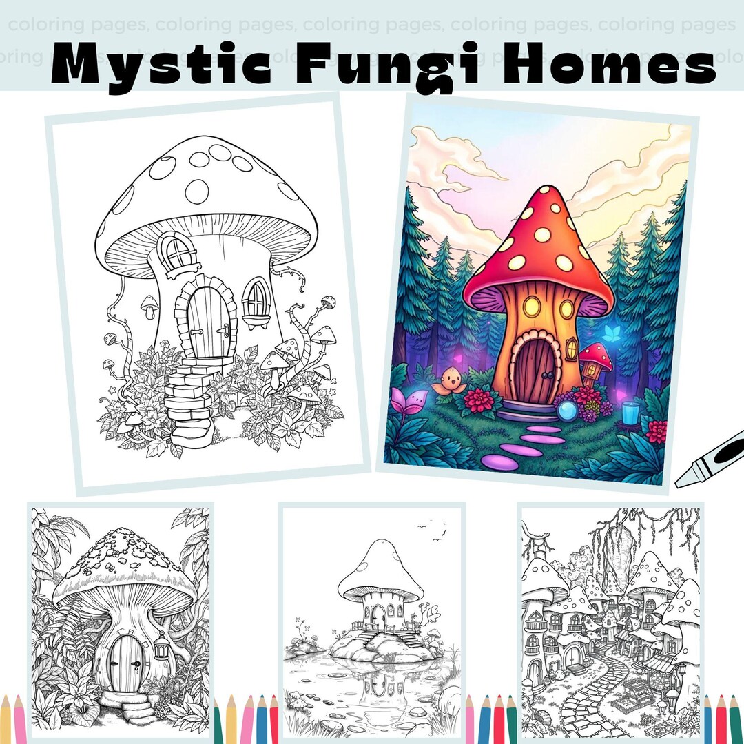 Mystic Fungi Homes Coloring Pages for Kids & Adults, Printable PDF, Fun ...