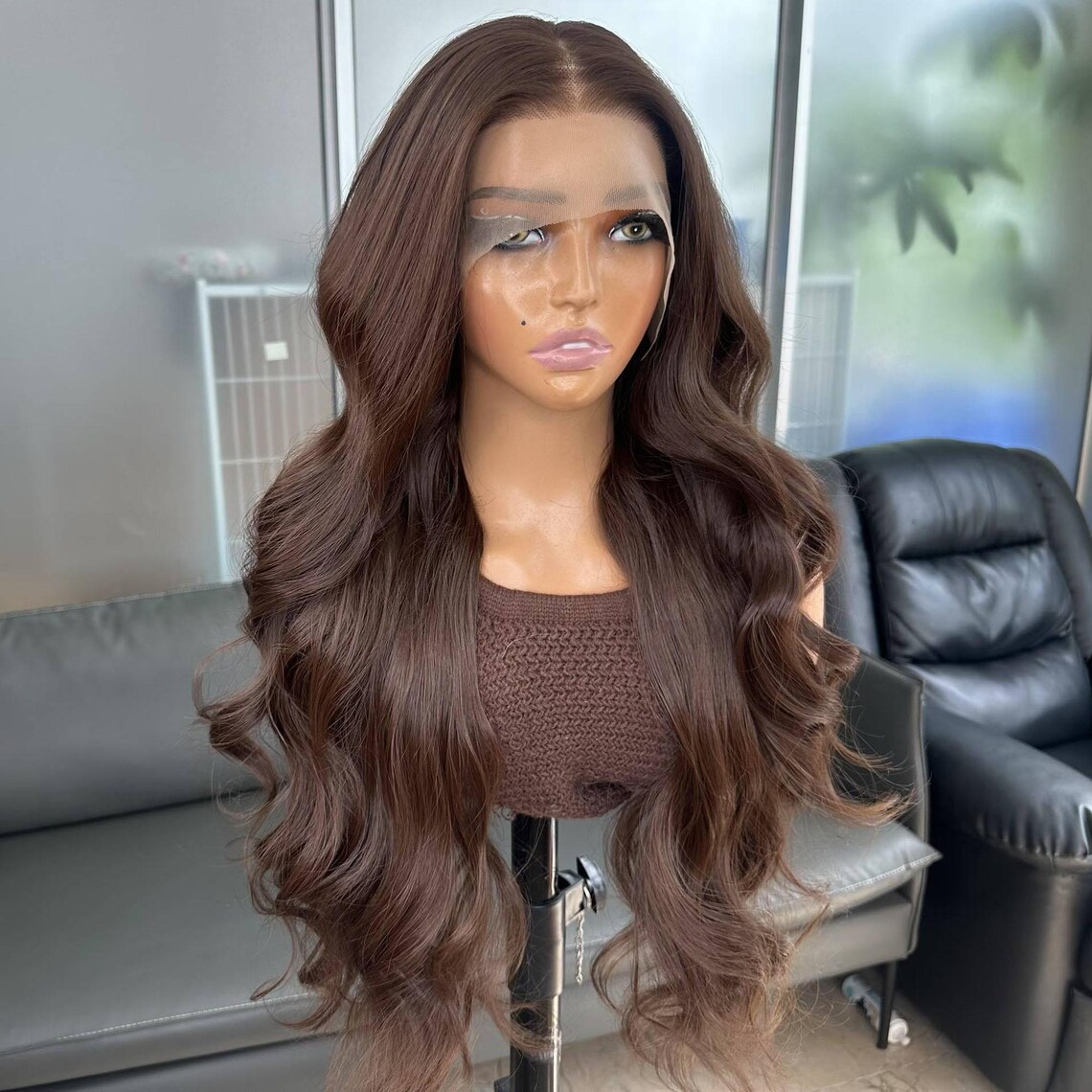Chocolate Brown Wavy Lace Front Wig: 24" Silky High Temperature Fiber ...