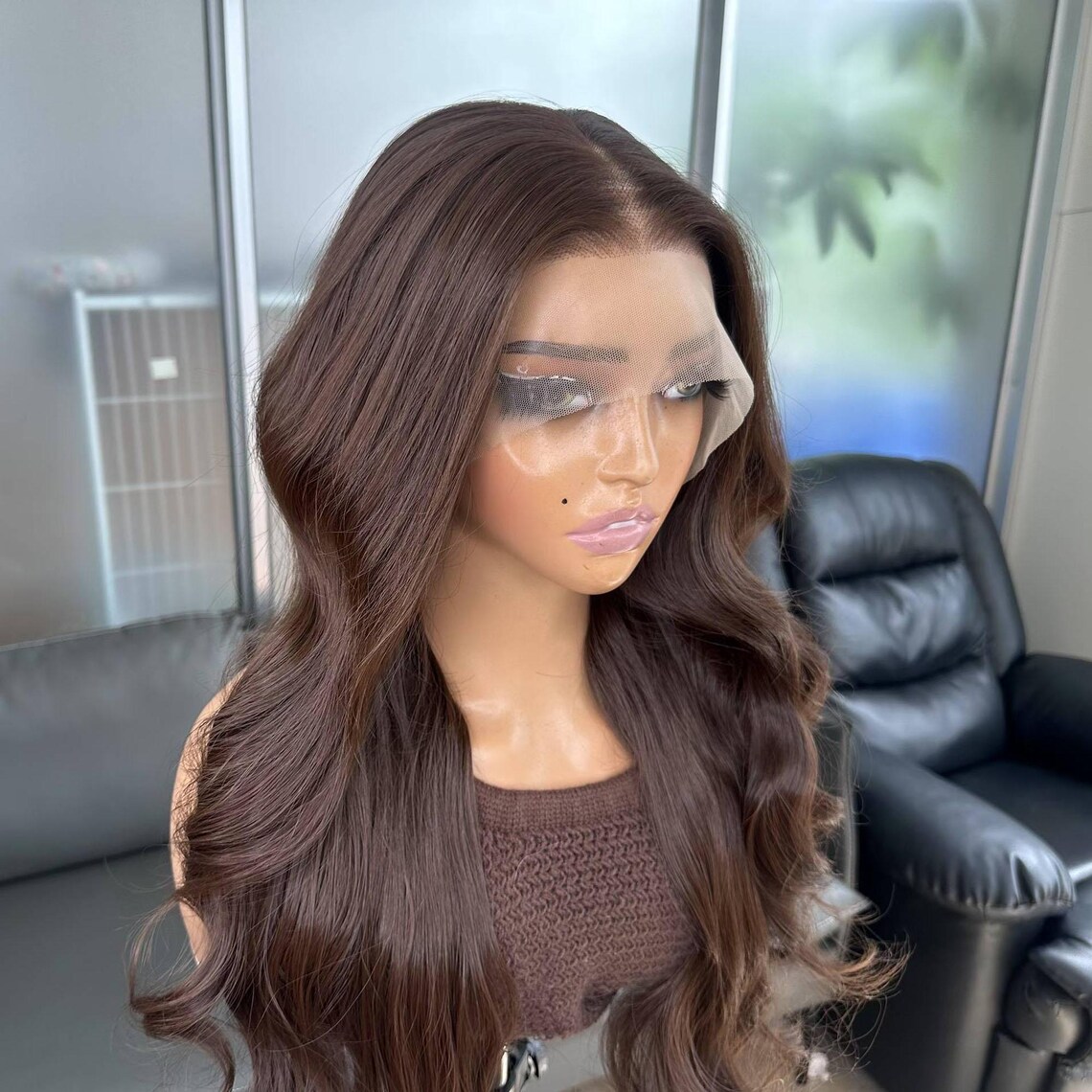 Chocolate Brown Wavy Lace Front Wig: 24" Silky High Temperature Fiber ...