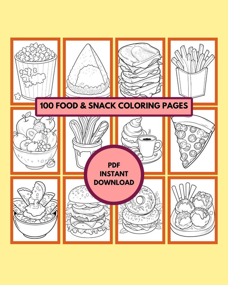 100 Food & Snack Coloring Pages: Fun, Simple Designs (PDF Download) - Etsy