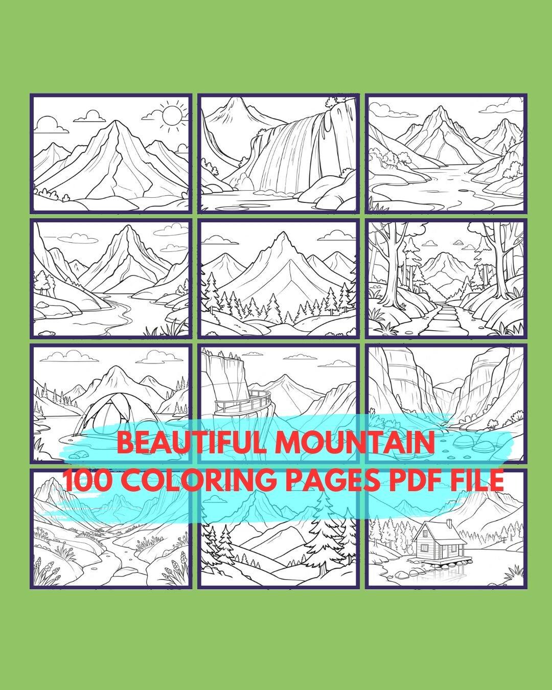 Mountain Landscapes Coloring Pages, 100 Calming Designs (PDF Pattern ...