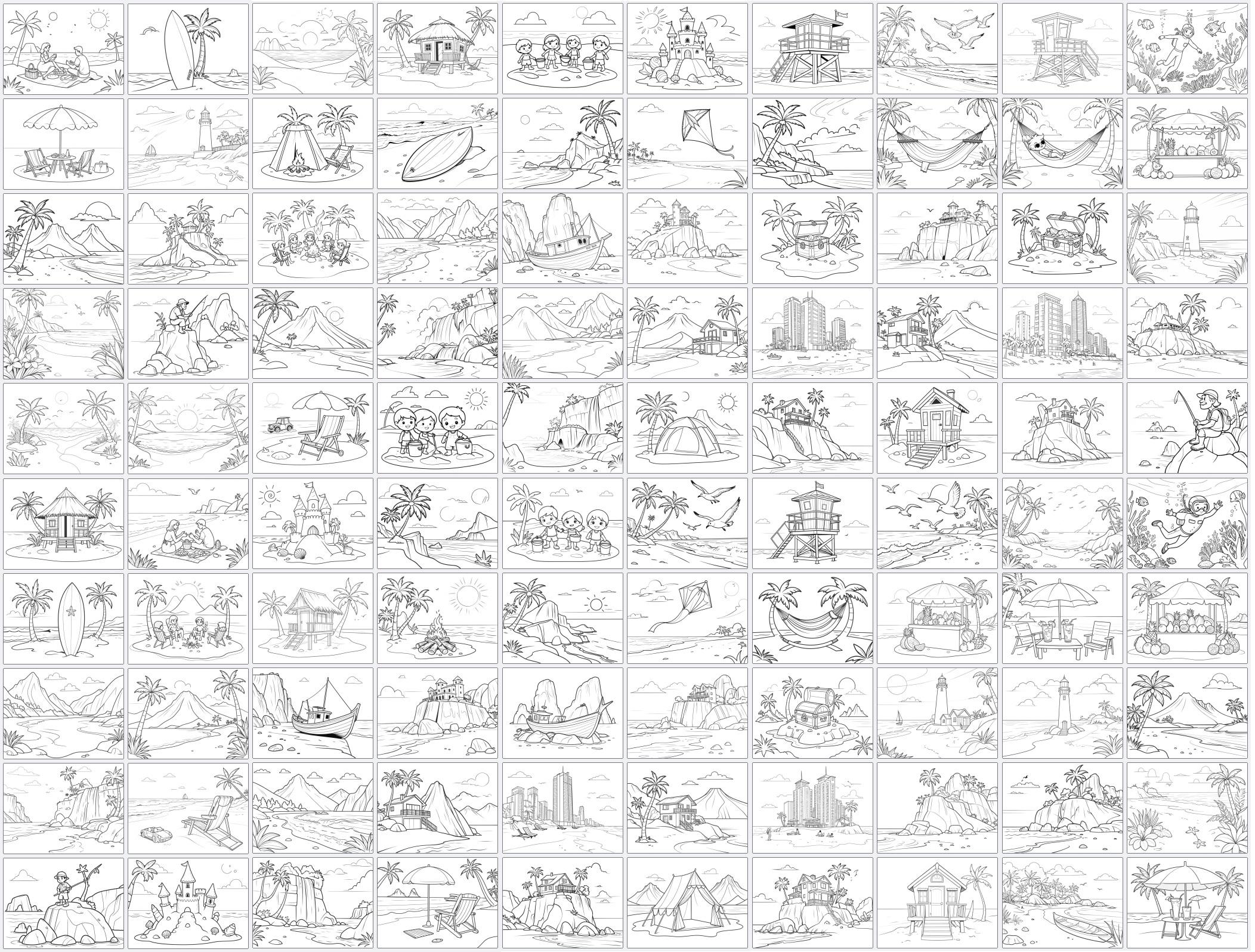 At the Beach - Bold and Easy Coloring Book: 100 Coloring Pages - Simple ...