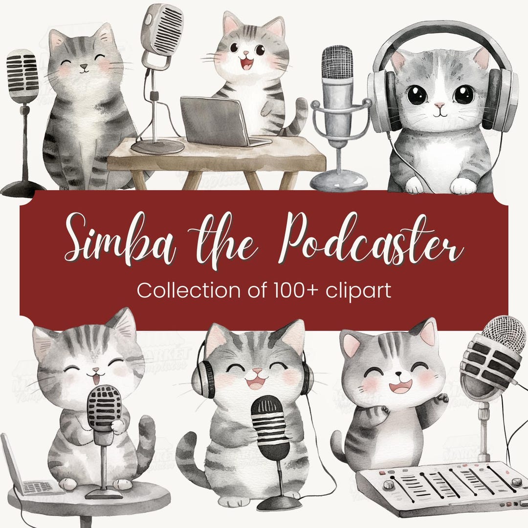 Podcast Cat Clipart Bundle, Cute Watercolor Cat PNG, Podcaster Digital ...