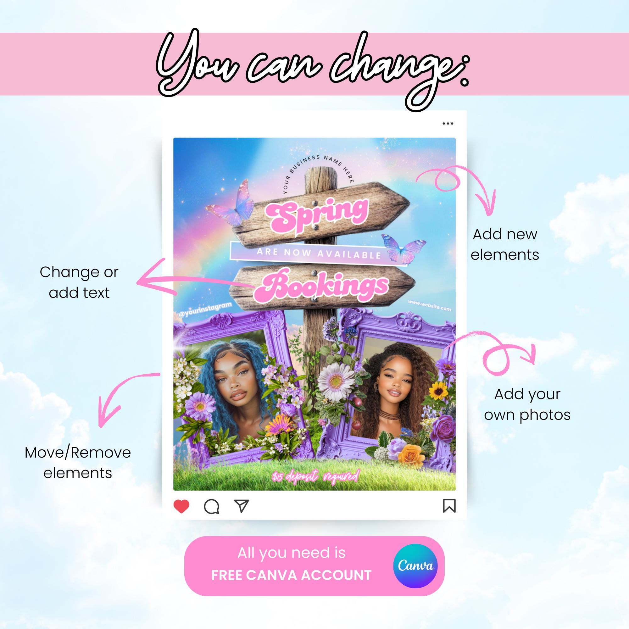 Spring Booking Flyer Template, Editable Canva Photography Flyer, Pastel ...