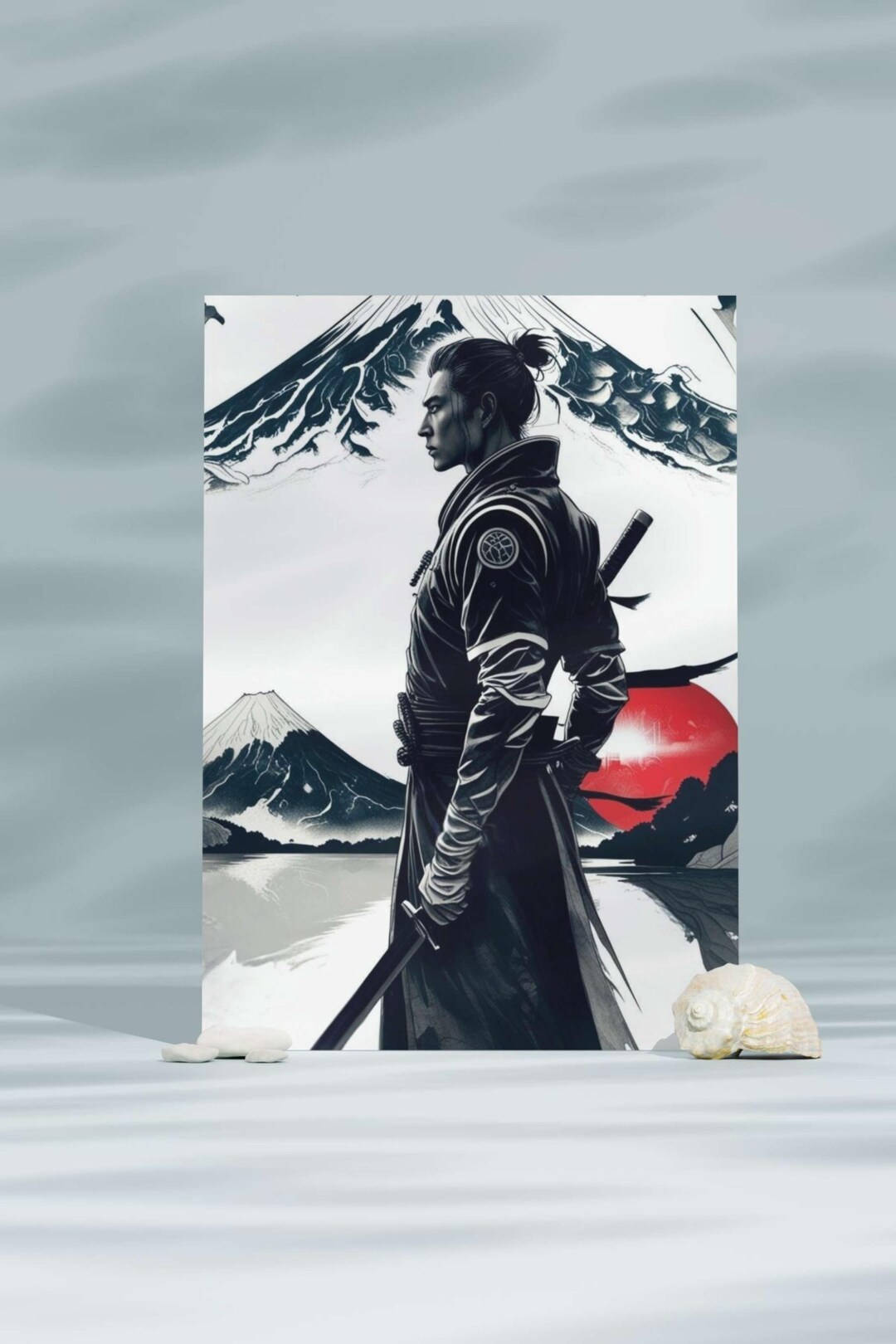 Samurai Standing by the Lake at Mt. Fuji (set of 4) / Japanese Painting ...