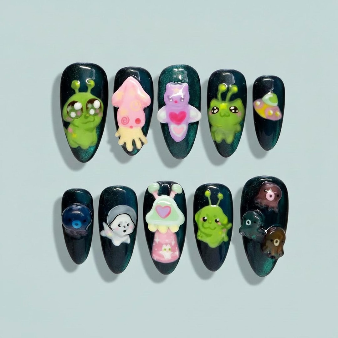Kawaii Space Alien Creatures Luxury Press-on Nails – Shimmering Deep ...